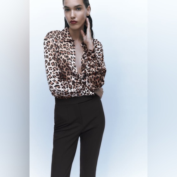 Zara | Tops | Zara Satin Leopard Animal Print Long Sleeve Button ...